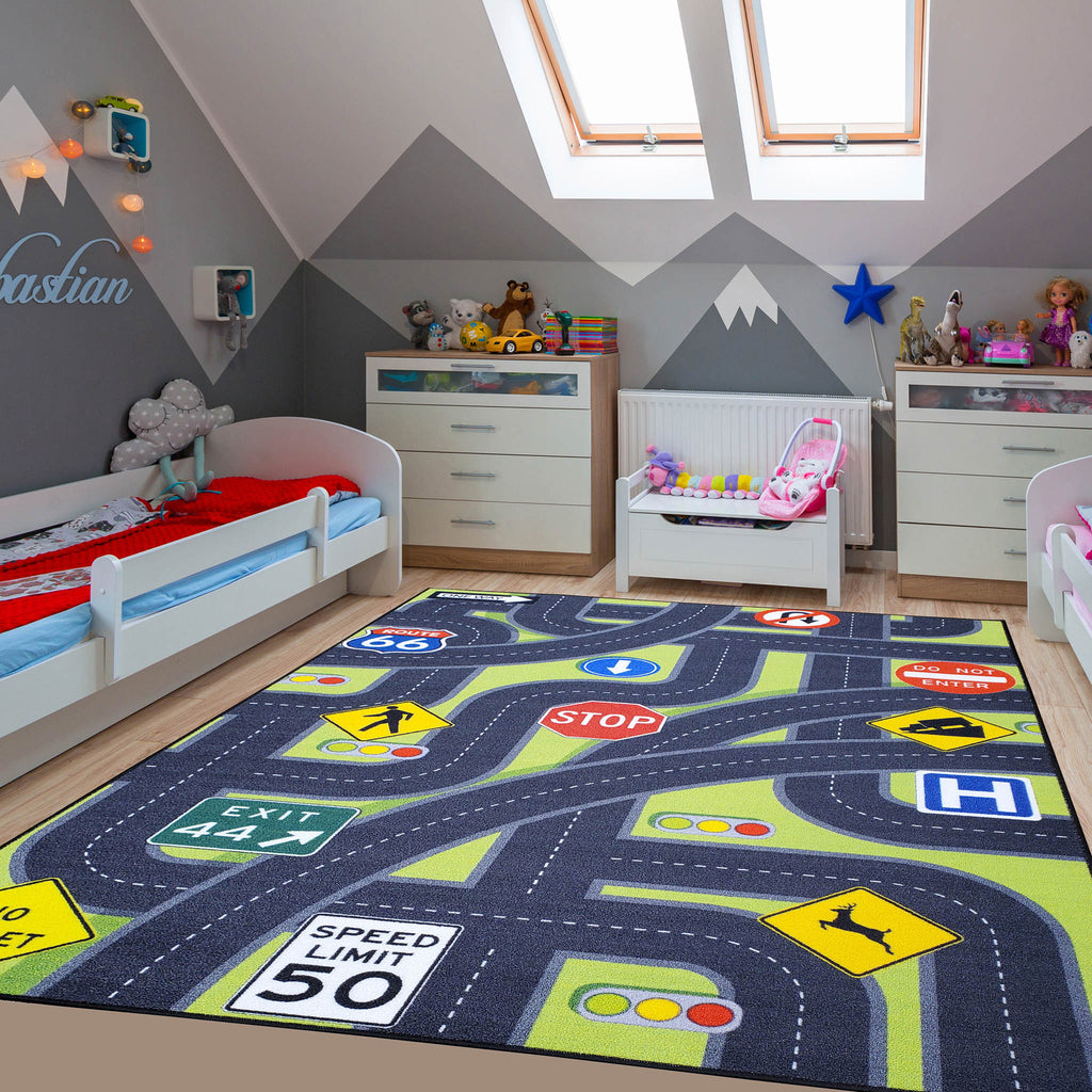 Kids Area Rug Traffic Signs Educational NonSlip Rubber Back Stain ...