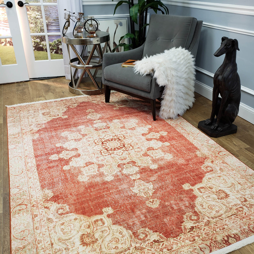 Serica Museum Quality Faux Silk Area Rug Rose Medallion Distressed ...